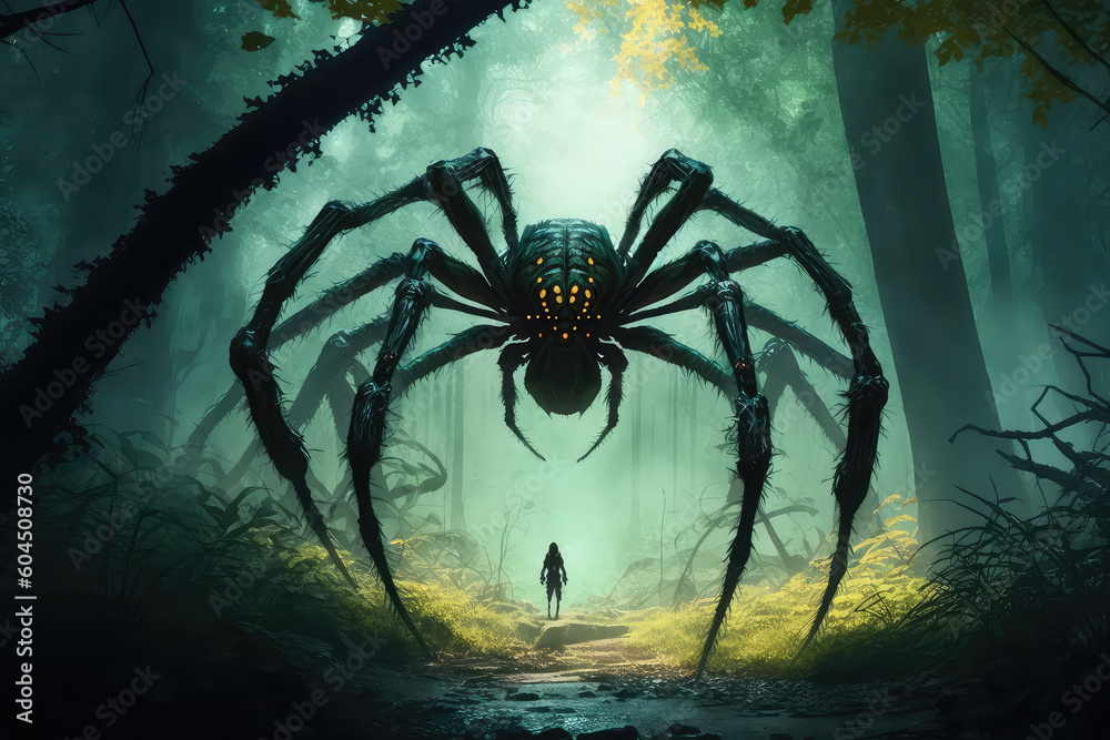 Brave hero lights way with lantern, stands in front of huge spider with ...