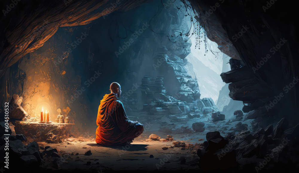 Buddhist monk in meditation In a cave with a waterfall in nature on the ...
