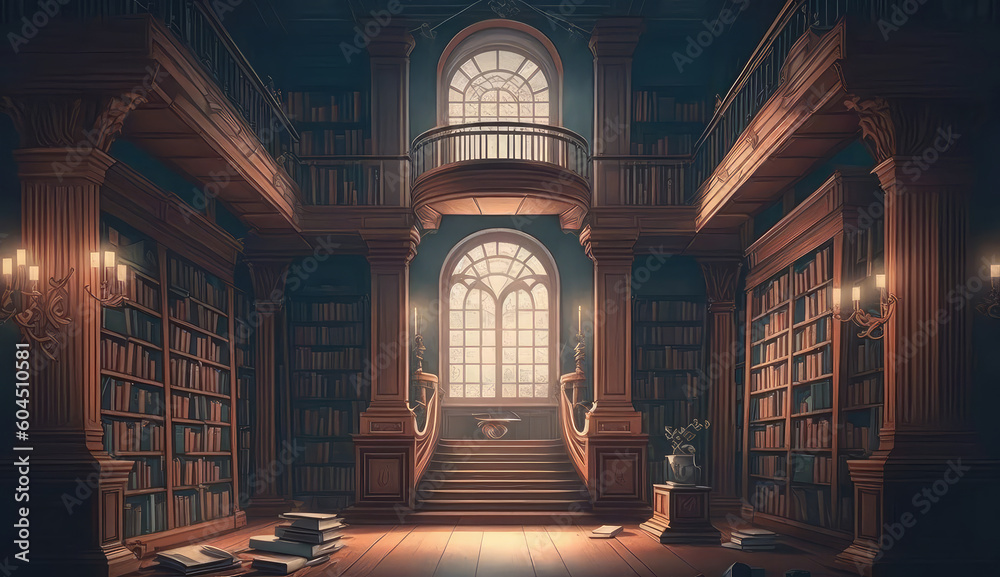 Old library with a lot of bookshelves, cabinet with many books digital illustration, magical ...