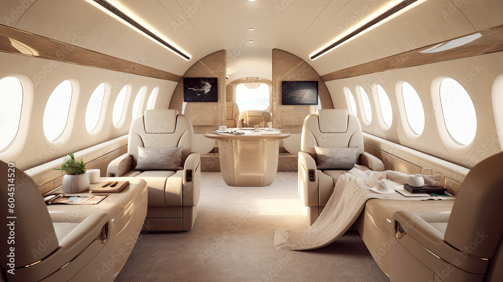 Cabin of luxury private jet. Empty aircraft with white leather chairs ...