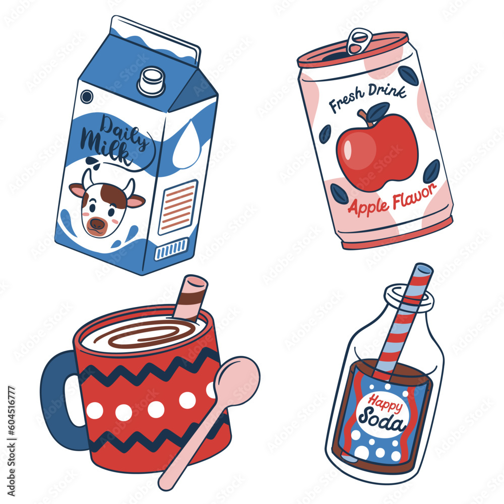 Beverage products vector set contains milk, coffee, sode, juice various ...