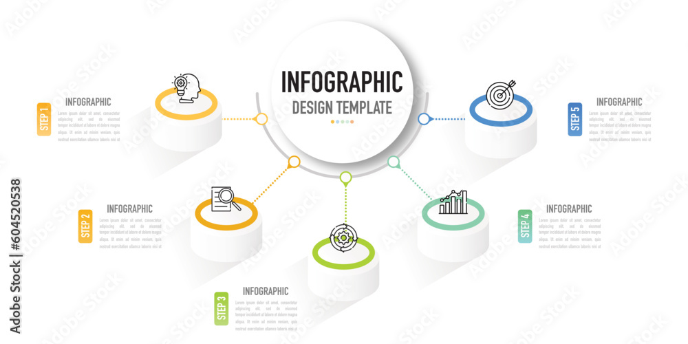 Circular isometric mind map infographic template or element with 5 step ...