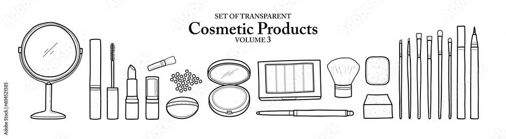 Cute hand drawn isolated black outline cosmetic products on transparent ...