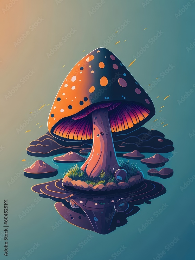 Illustration of a single mushroom floating on the surface of a calm ...