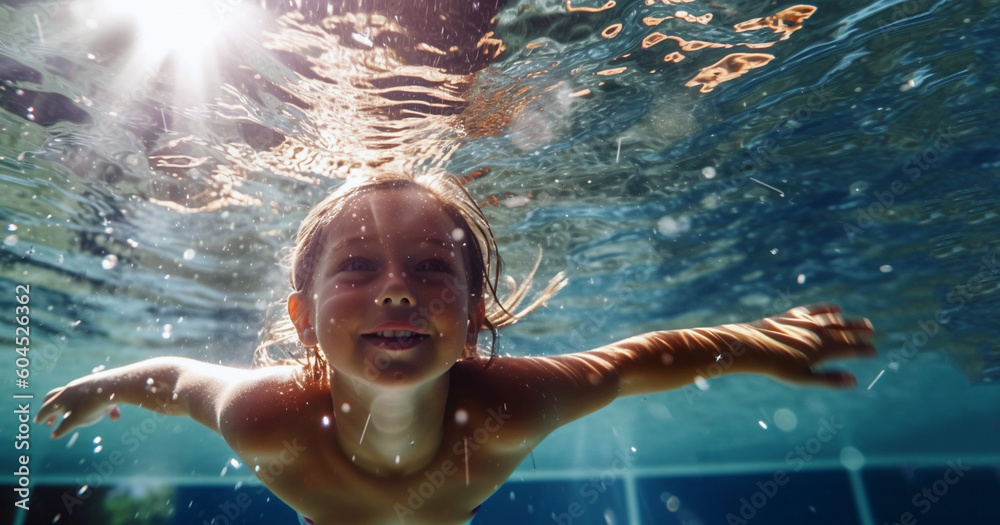 Happy kid have fun in swimming pool. swimming under water, Funny child ...