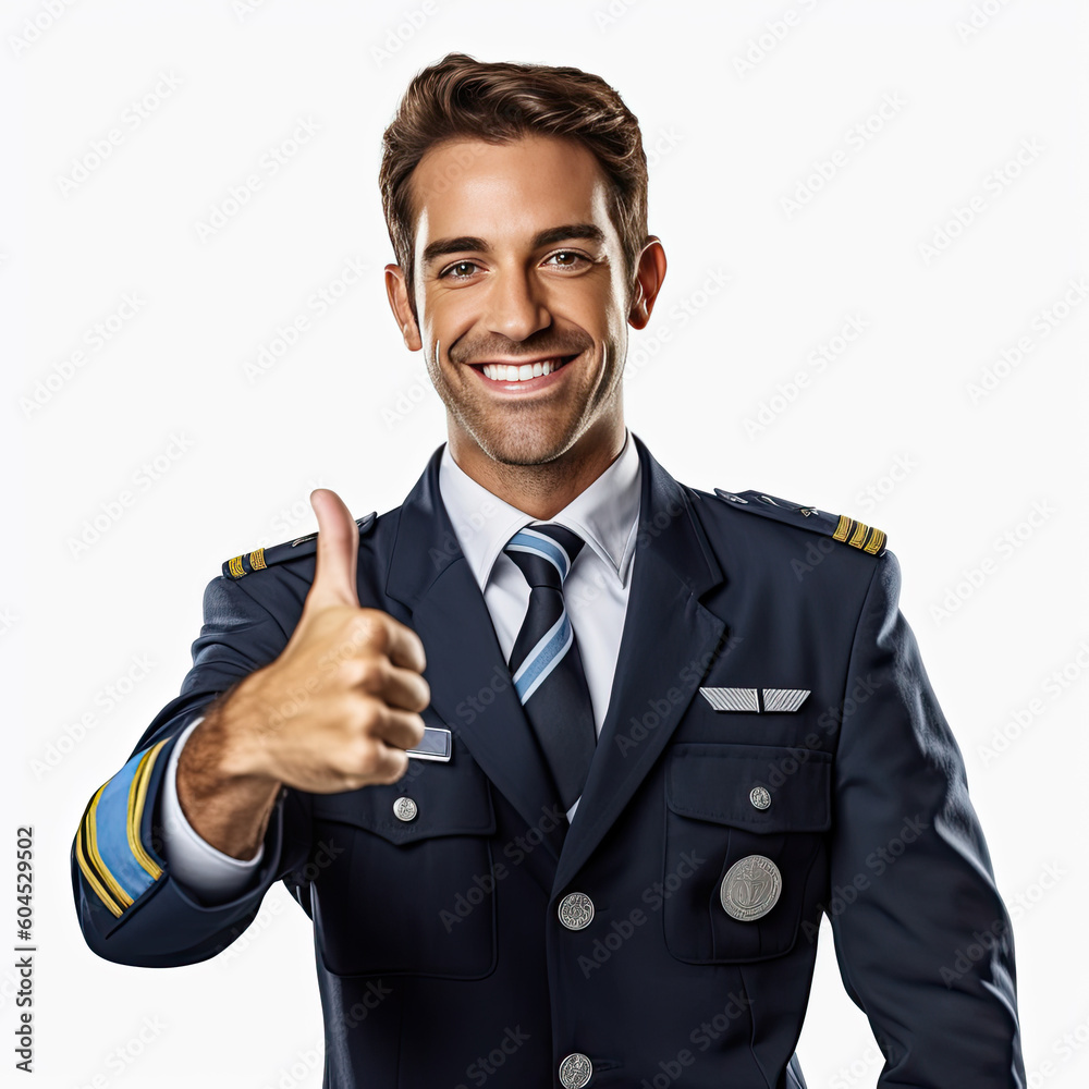 Cheerful airline pilot wearing uniform with epaulets showing thumb up ...