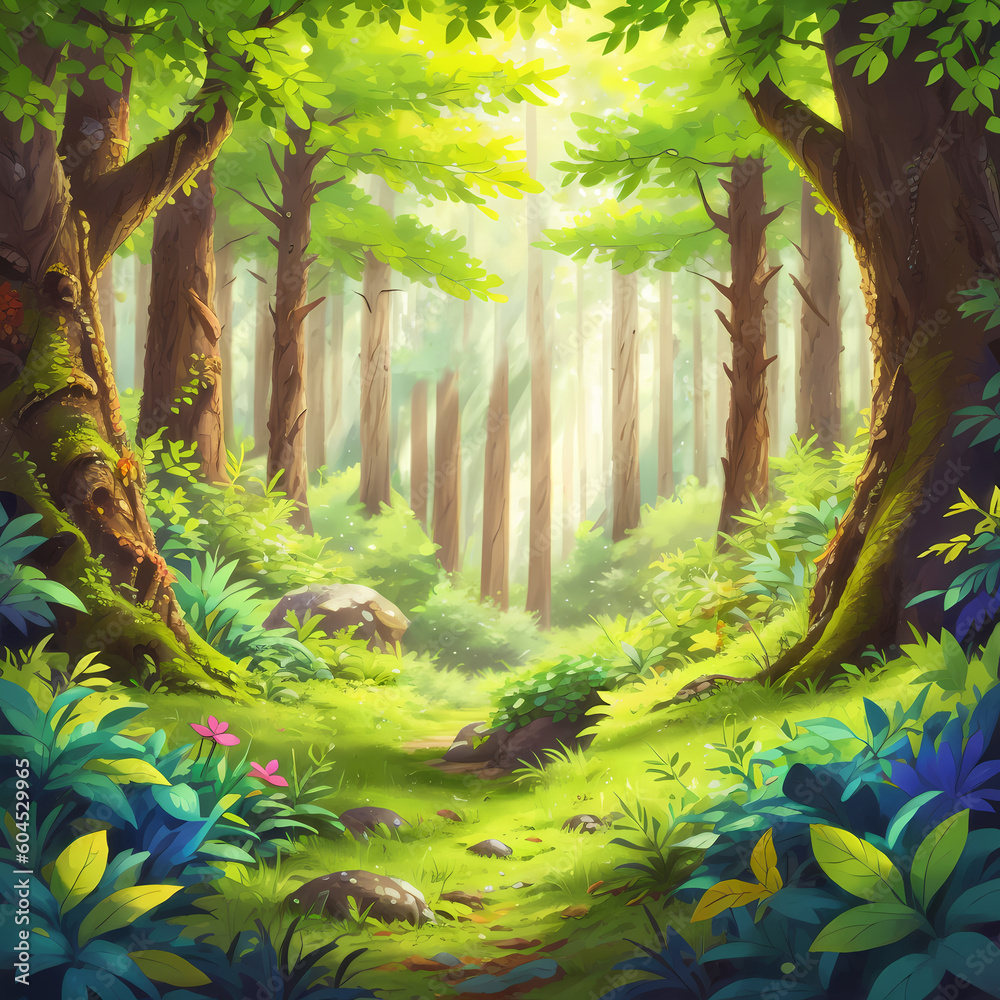 Kid's story book style illustration of fairy tale forest background ...