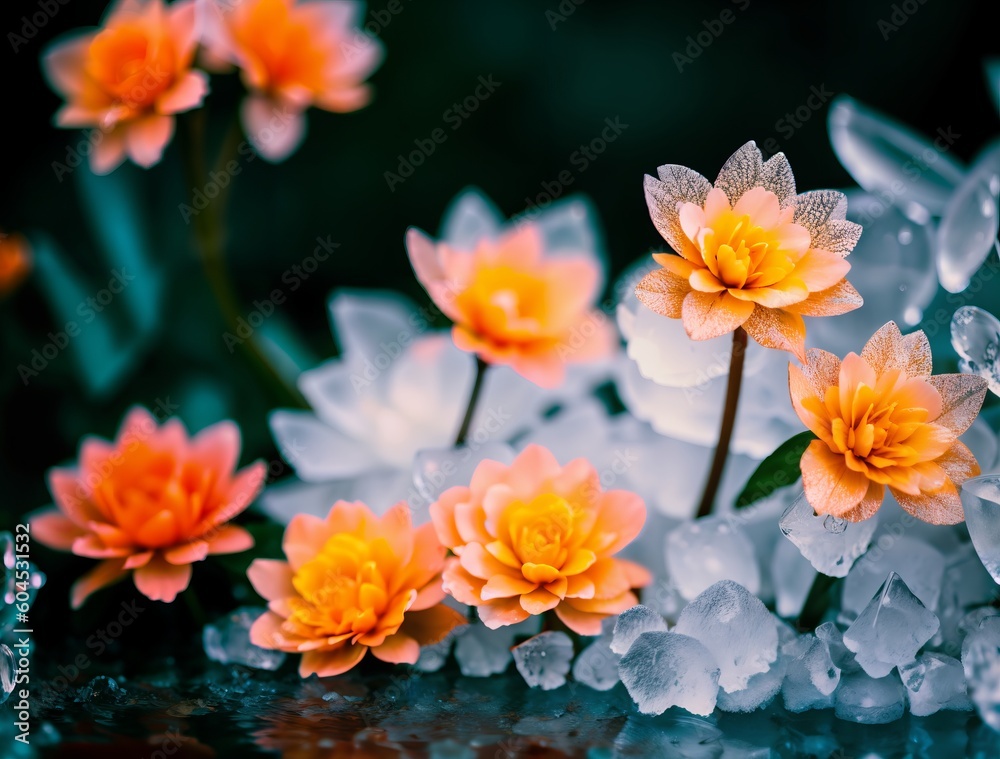 Bright orange flowers floating on the surface of the water with ice ...
