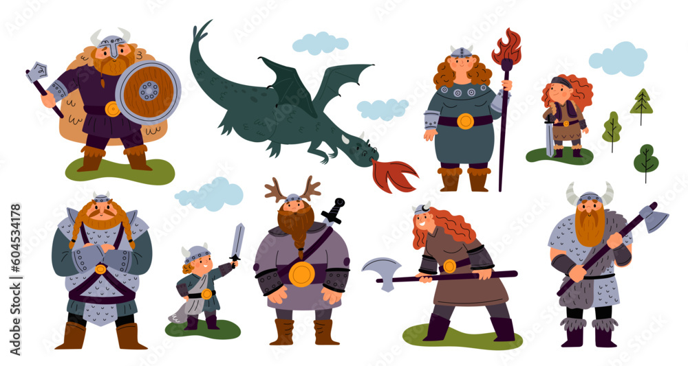 Cartoon viking characters. Barbarians in armor with weapons. Medieval ...
