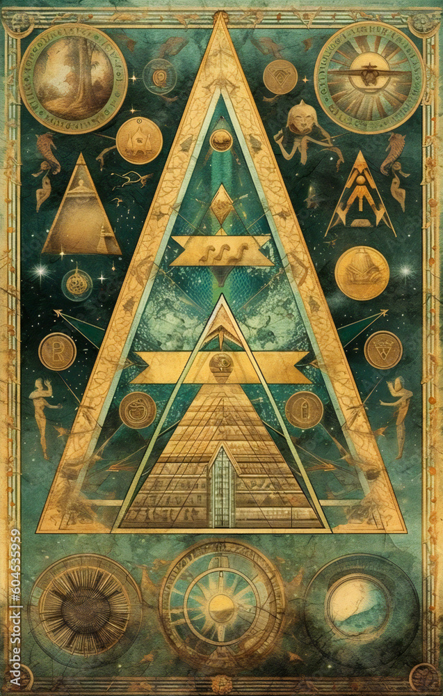 Book cover, background or illustration of a stylized pyramid surrounded ...