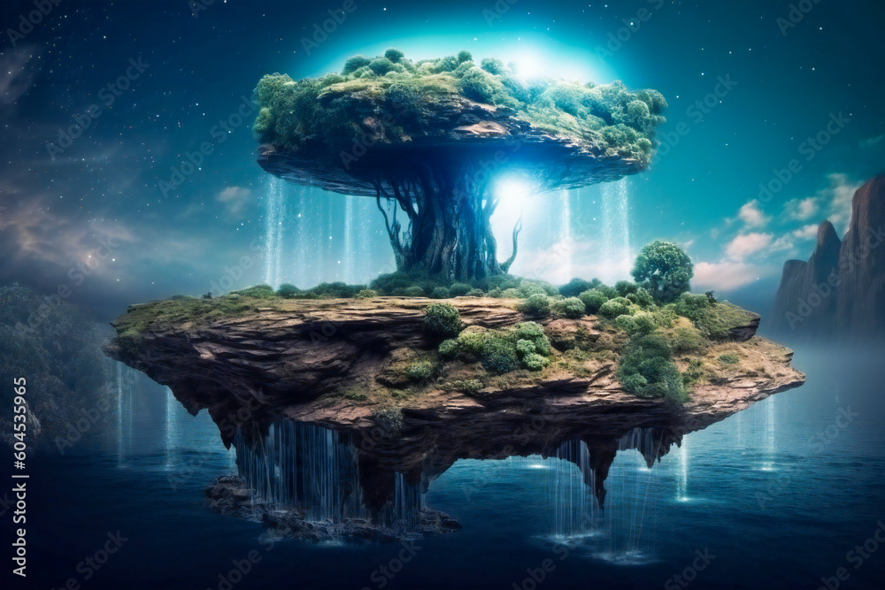Surreal dream giant tree growing on a giant floating rock on a strange ...