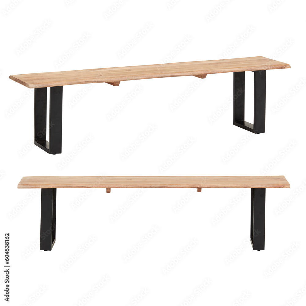 Long wooden chair with metal legs that can sit for many people cut out ...