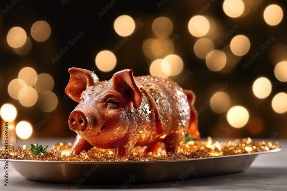 Roast pig delicacy for a holiday dinner on a tray on a table Stock ...