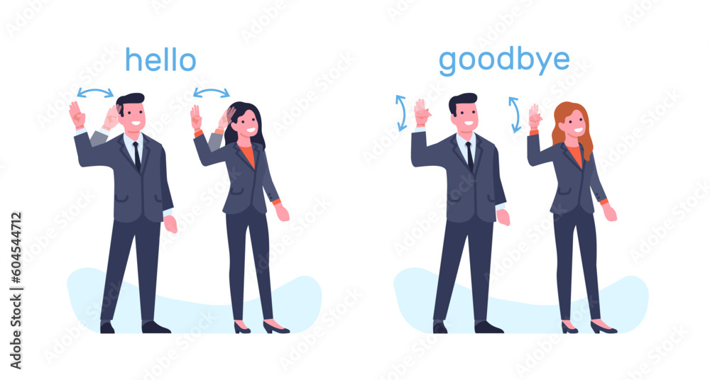 Sign language of deaf people, man and woman showing greeting and ...