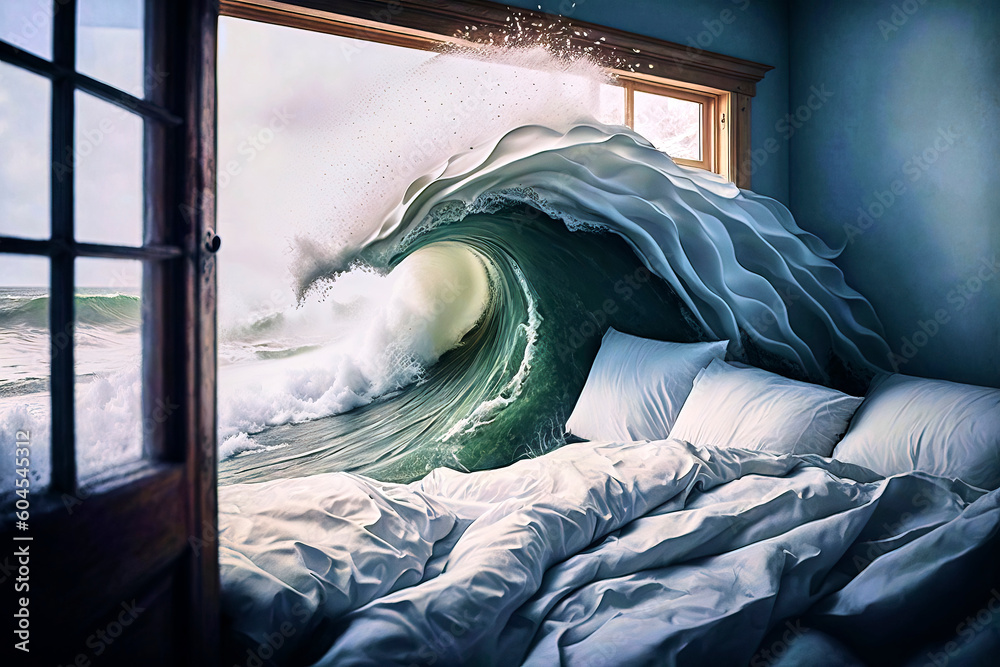 Surreal image of a large wave sloshing out of the window in a room with ...