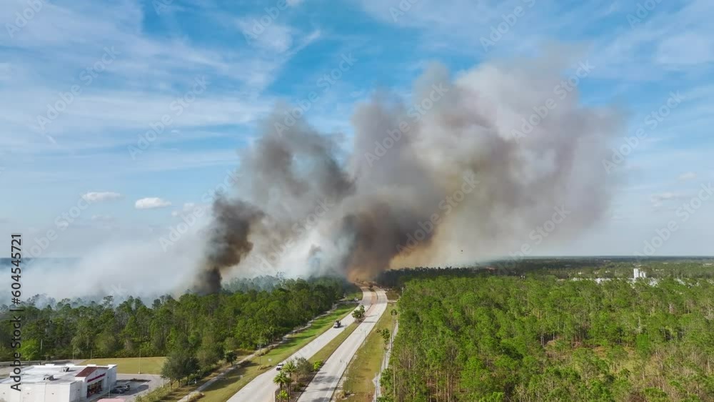 Fire department firetrucks extinguishing wildfire burning severely in ...