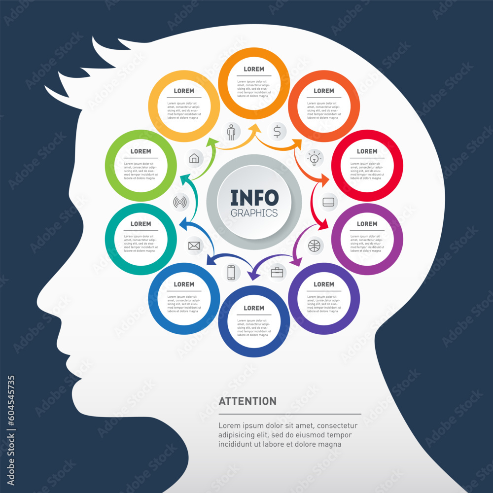 Presentation with ten parts and icons. Infographics with silhouette of ...