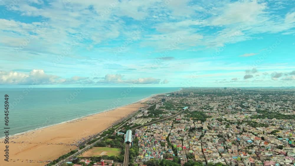 Chennai: Aerial view of famous city in India, iconic Marina Beach and ...