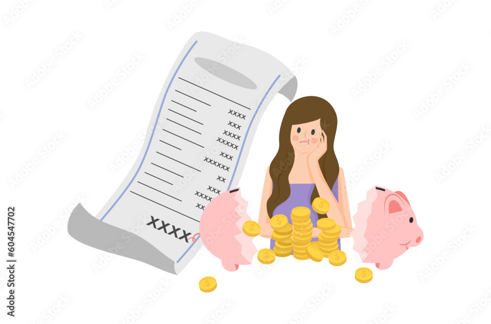 A woman’s struggling to pay shopping bill, flat design of money ...
