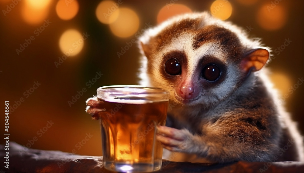 Pygmy slow loris lying on the blahs and sipping a drink. Made with ...