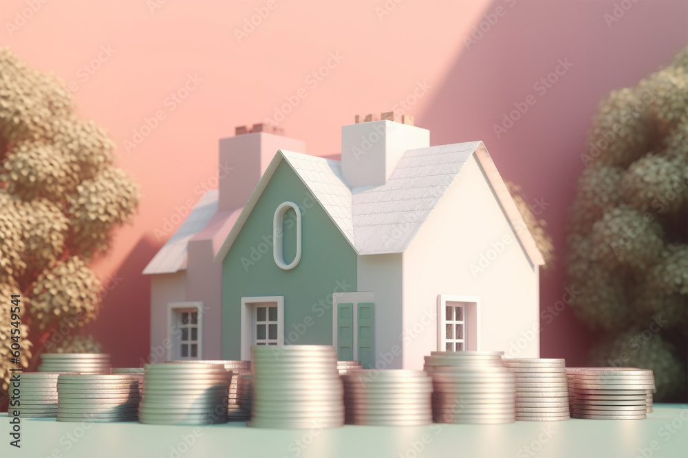 Small house with stacks of money coins. Costs of buying property ...