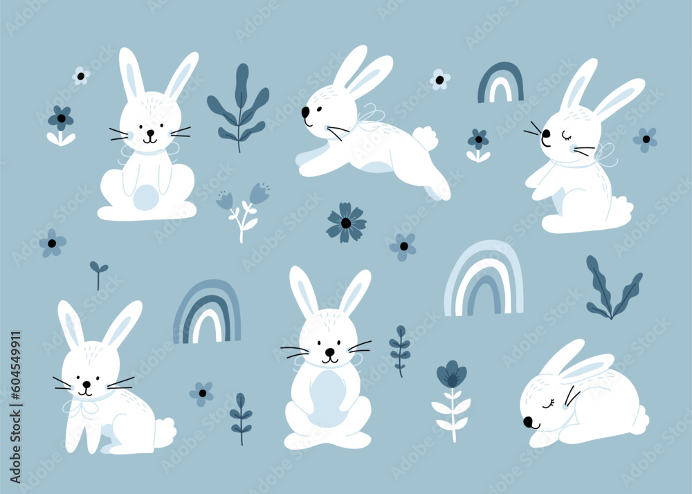 Vector set of cute rabbits in cartoon style. Bunny pet silhouette in ...