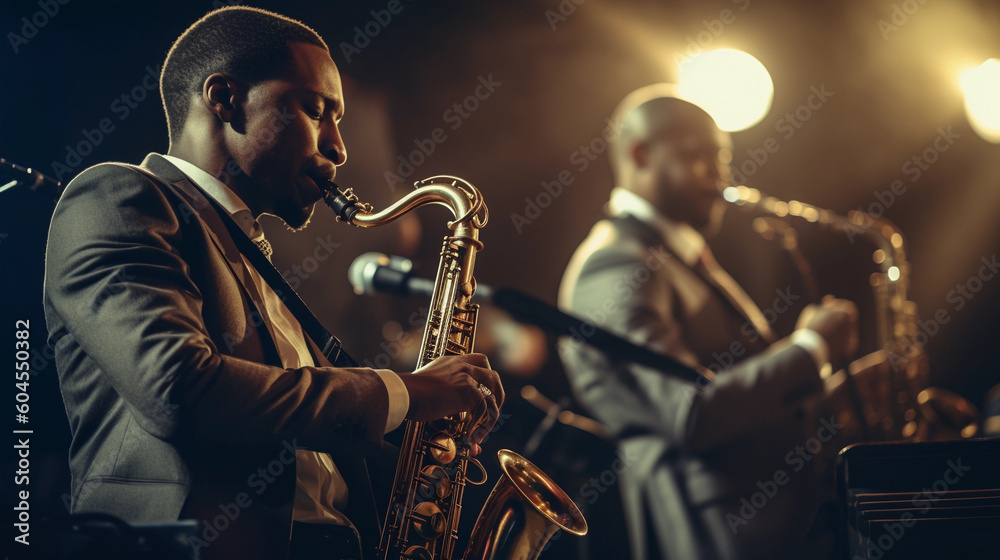 Concert view of saxophonist, a saxophone sax player with musical band ...