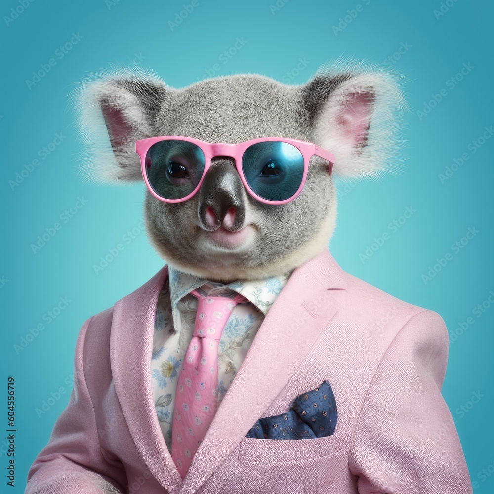 Portrait of koala wearing business suit with tie and sunglasses ...