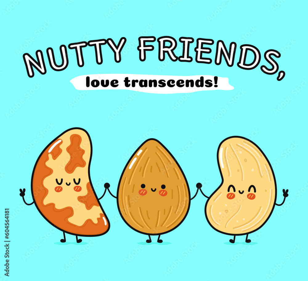 Cute, funny happy almonds, Brazilian nut and cashews nut. Vector hand ...