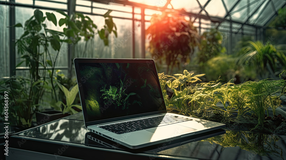 Working at home garden, laptop surrounded with green leafy potted ...