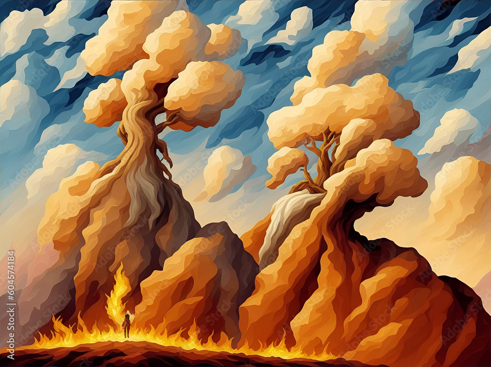 Colorful painting art of the biblical Moses and the burning bush ...