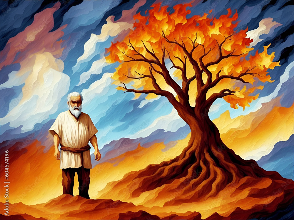 Colorful painting art of the biblical Moses and the burning bush ...