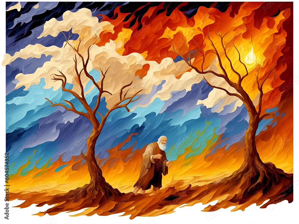 Colorful painting art of the biblical Moses and the burning bush ...