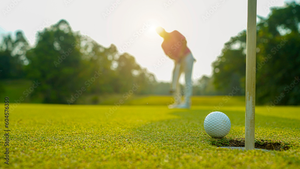 Golfer putting ball on the green golf, lens flare on sun set evening ...