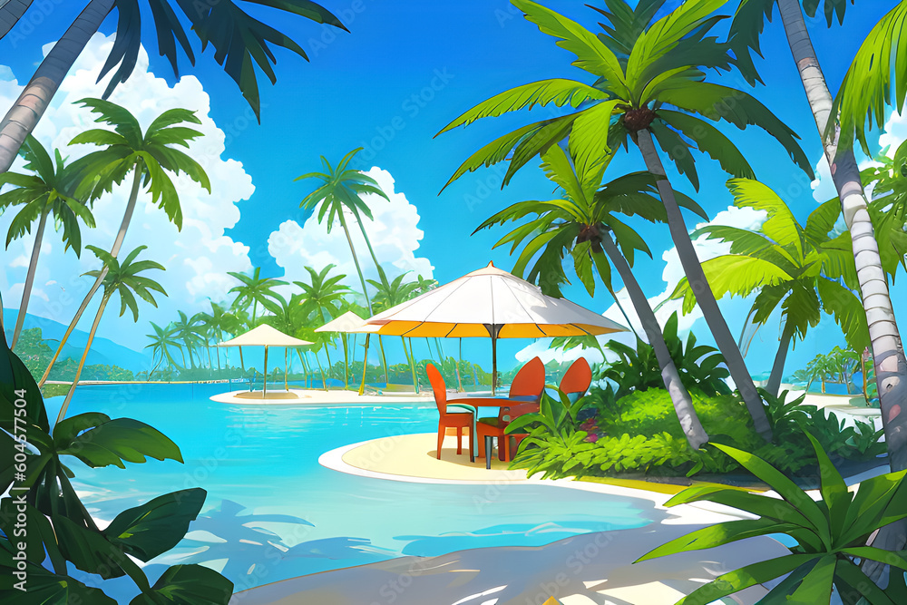 cartoon illustration of tropical island, sea, beach, resort, palm trees ...
