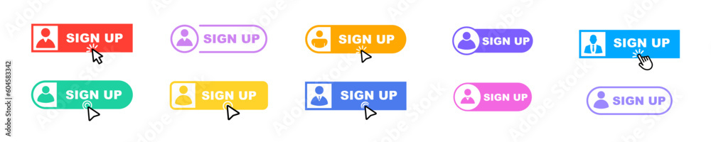 Set of sign up buttons on white background. Register now buttons with ...