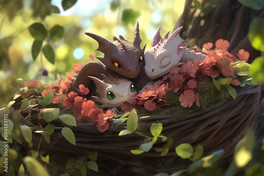 Dragon family is sleeping in a nest. Baby dragons and their parents in ...
