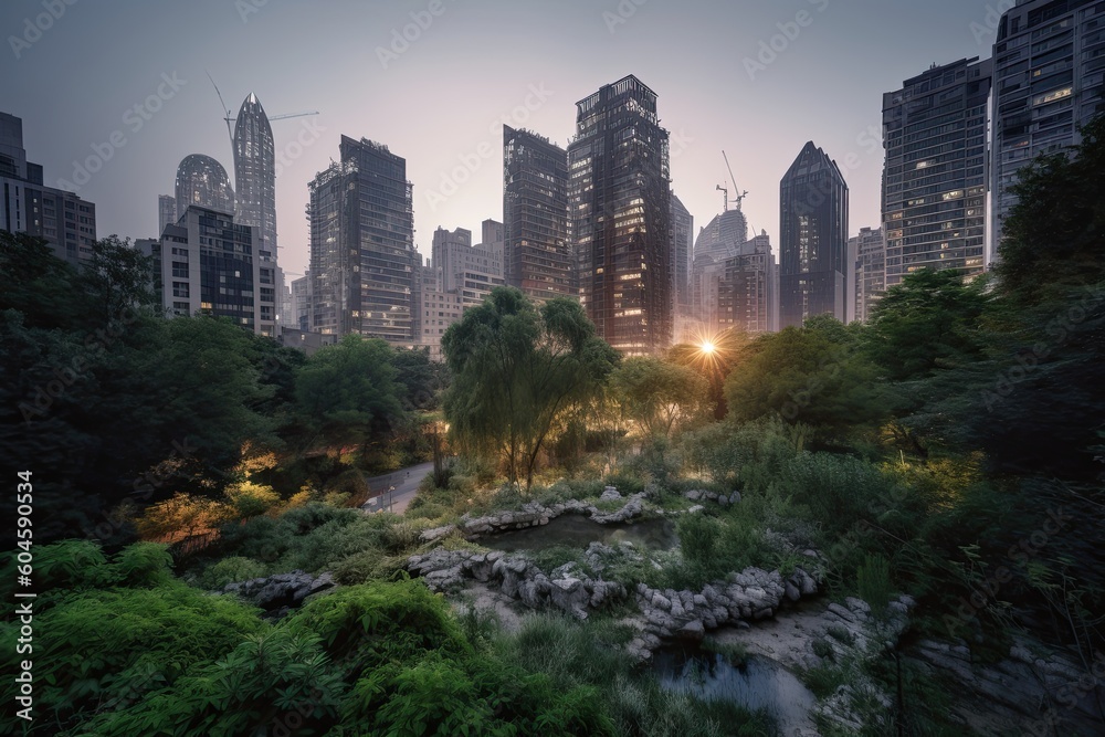 Concrete jungle, cityscape with towering skyscrapers dominating the ...
