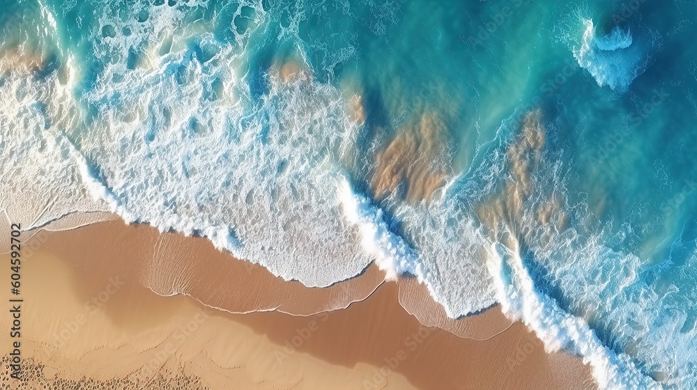 Aerial top down view of beach and sea with blue water waves, Ocean ...