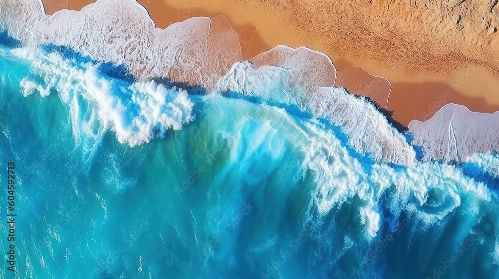 Aerial top down view of beach and sea with blue water waves, Ocean ...