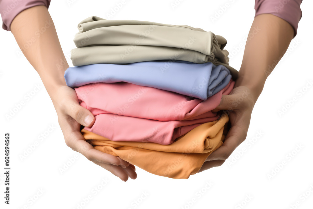 Hand holding clothes isolated on transparent background. Generative Ai ...