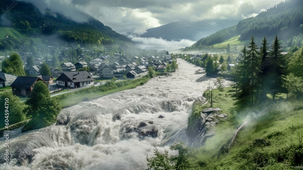 Climate Change Floods River Courses Overflow their Banks and Flood a ...