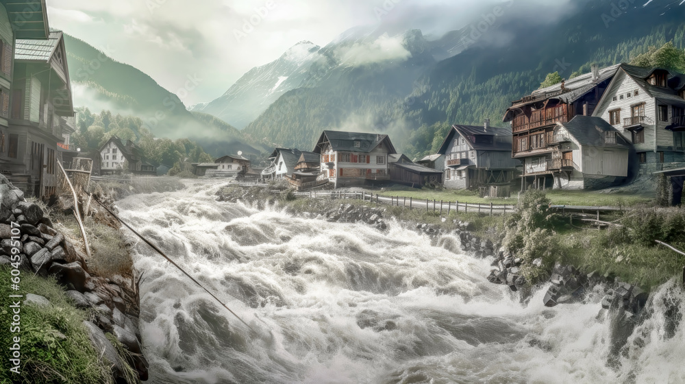 Climate Change Floods River Courses Overflow their Banks and Flood a ...