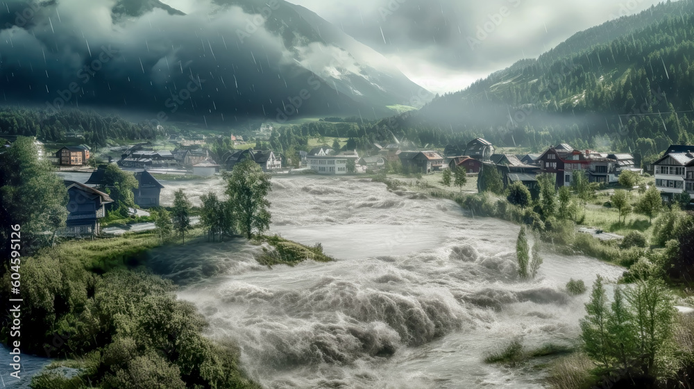 Climate Change Floods River Courses Overflow their Banks and Flood a ...