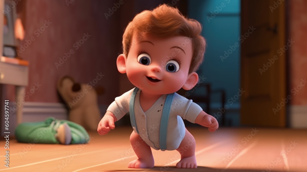 3d cartoon character in pixar style, cute stunning first step of baby ...