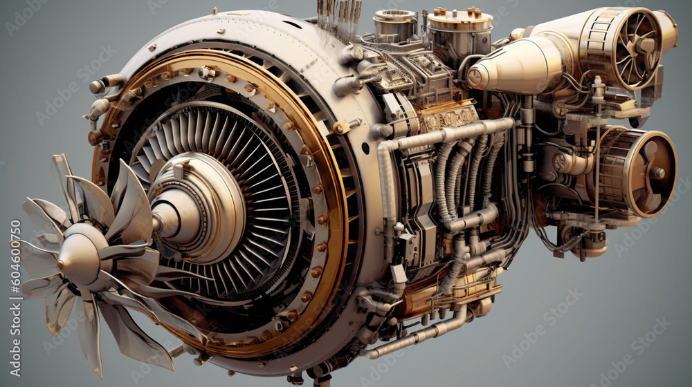 Aeroplane engine on wing, steampunk engine style, exploded view, highly ...