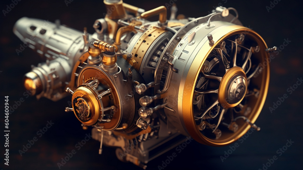 Aeroplane engine on wing, steampunk engine style, exploded view, highly ...