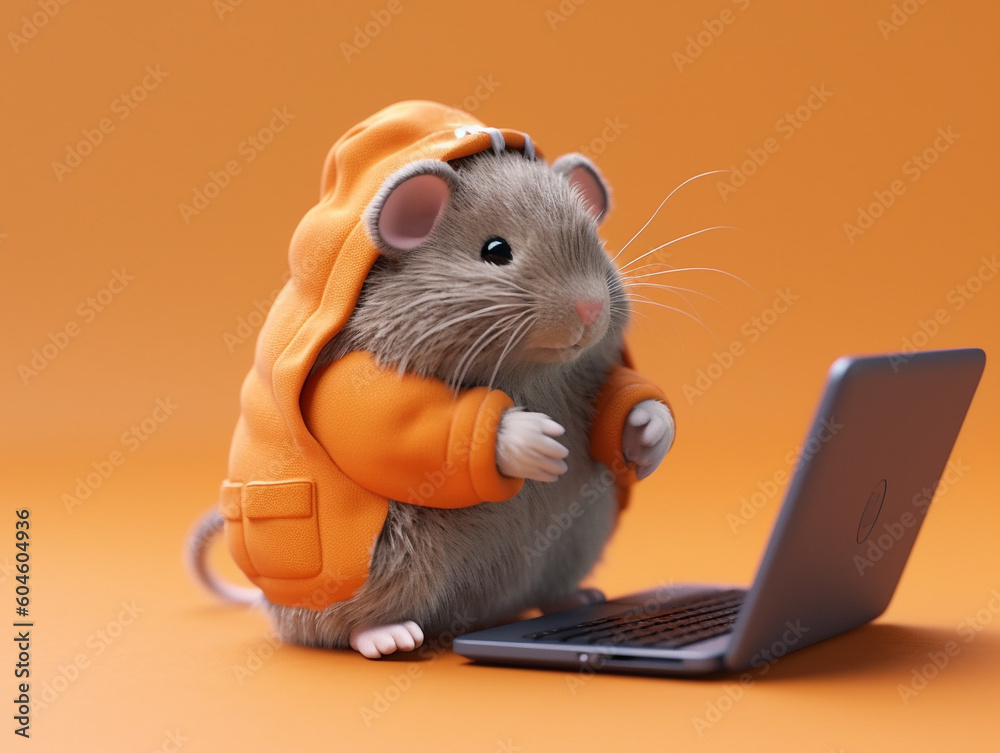 A Cute 3D Lemming Using a Laptop on a Solid-Color Background ...