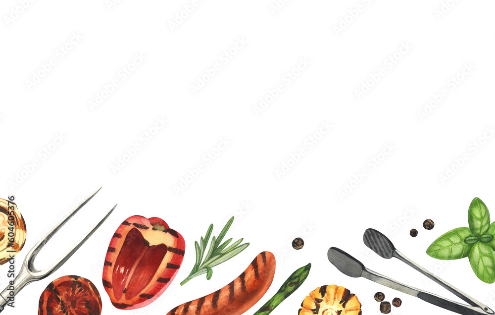 Watercolor frame barbecue. Elements for cooking bbq - grill, chicken ...