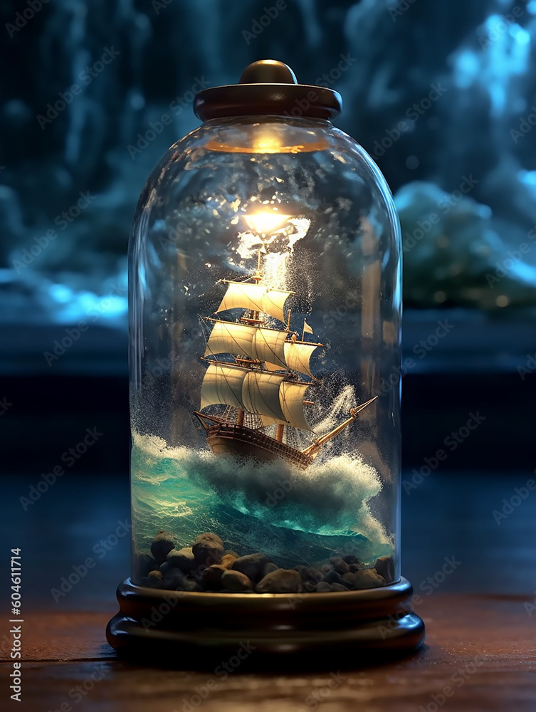 Hyper - realistic and over - detailed small pirate ship sailing on a ...
